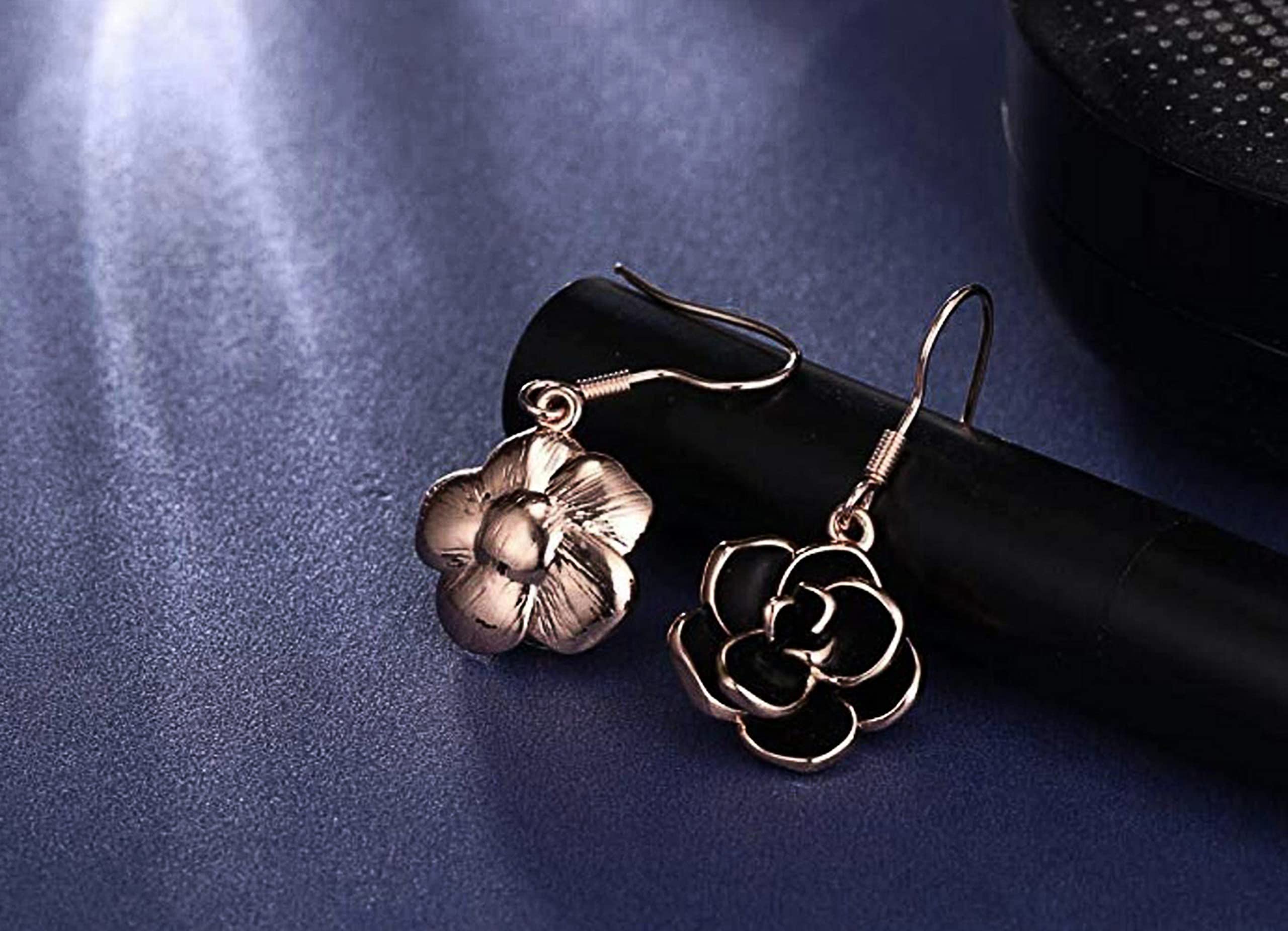 Rose Gold Plated Black Rose Flower Dangle Drop Earrings Fashion Jewelry for Women