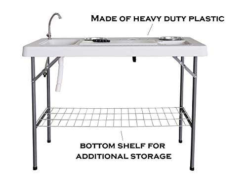 Old Cedar Outfitters Deluxe Fish Fillet Table, or Portable Folding Camping Kitchen with Cutting Board, Bowls, Knife, Odor Bar, Sink, Drain and More! 49.8" x 25.6" x 37.2", White,Camp