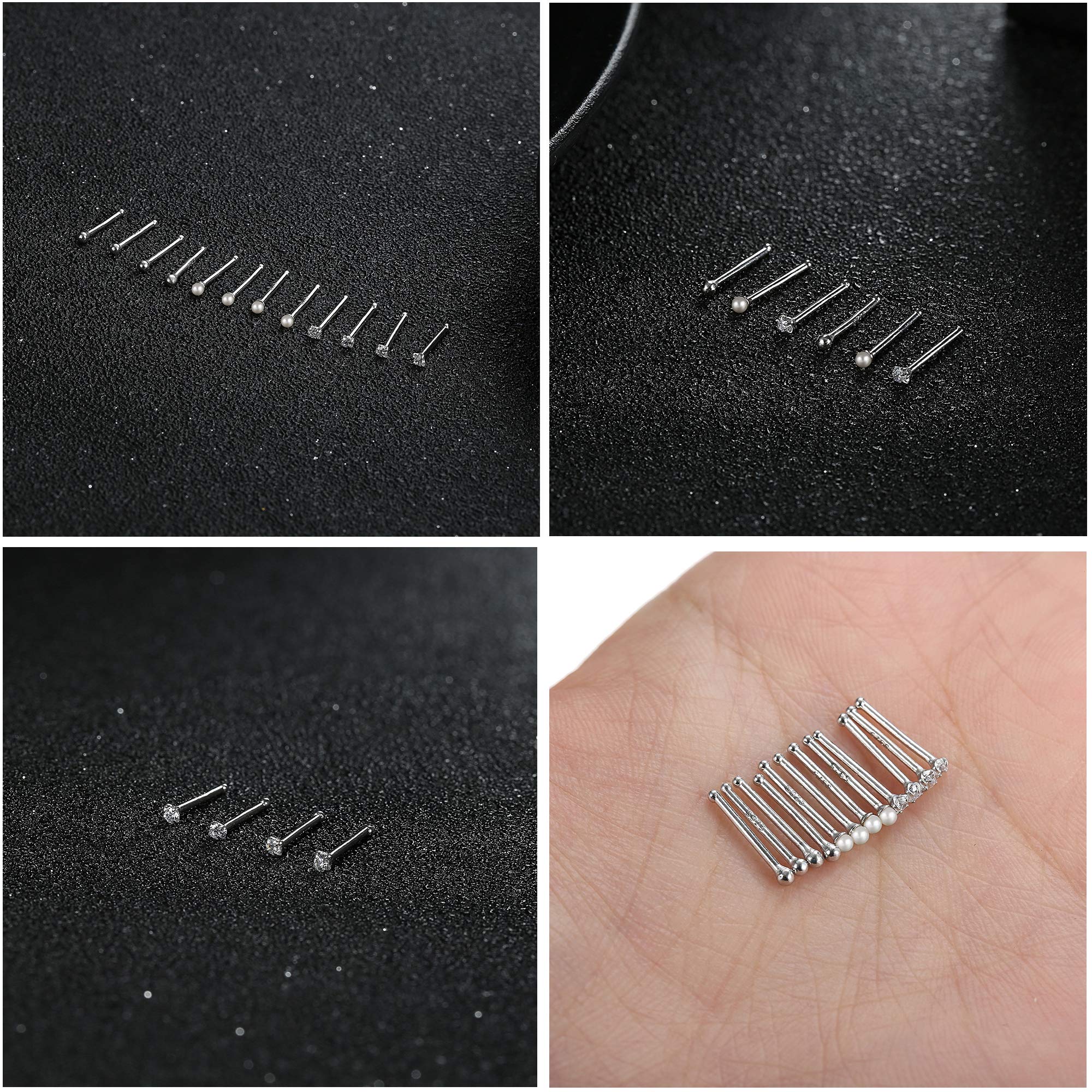 Sllaiss 12Pcs 20G Nose Rings Stud Sterling Silver Small Ball Pearl CZ Nose Studs For Women Men Nose Piercing Jewelry 1.5mm 2mm (1.5)