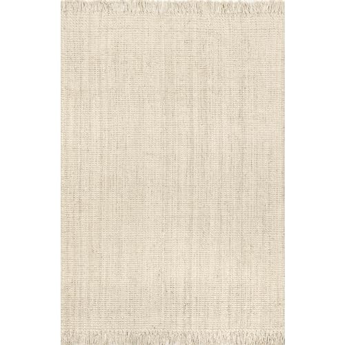 nuLOOM 6x9 Daniela Jute Tassel Hand Woven Area Rug, Off White, Solid Chunky Farmhouse Design, Natural Fiber, For Bedroom, Dining Room, Living Room, Hallway, Office, Entryway