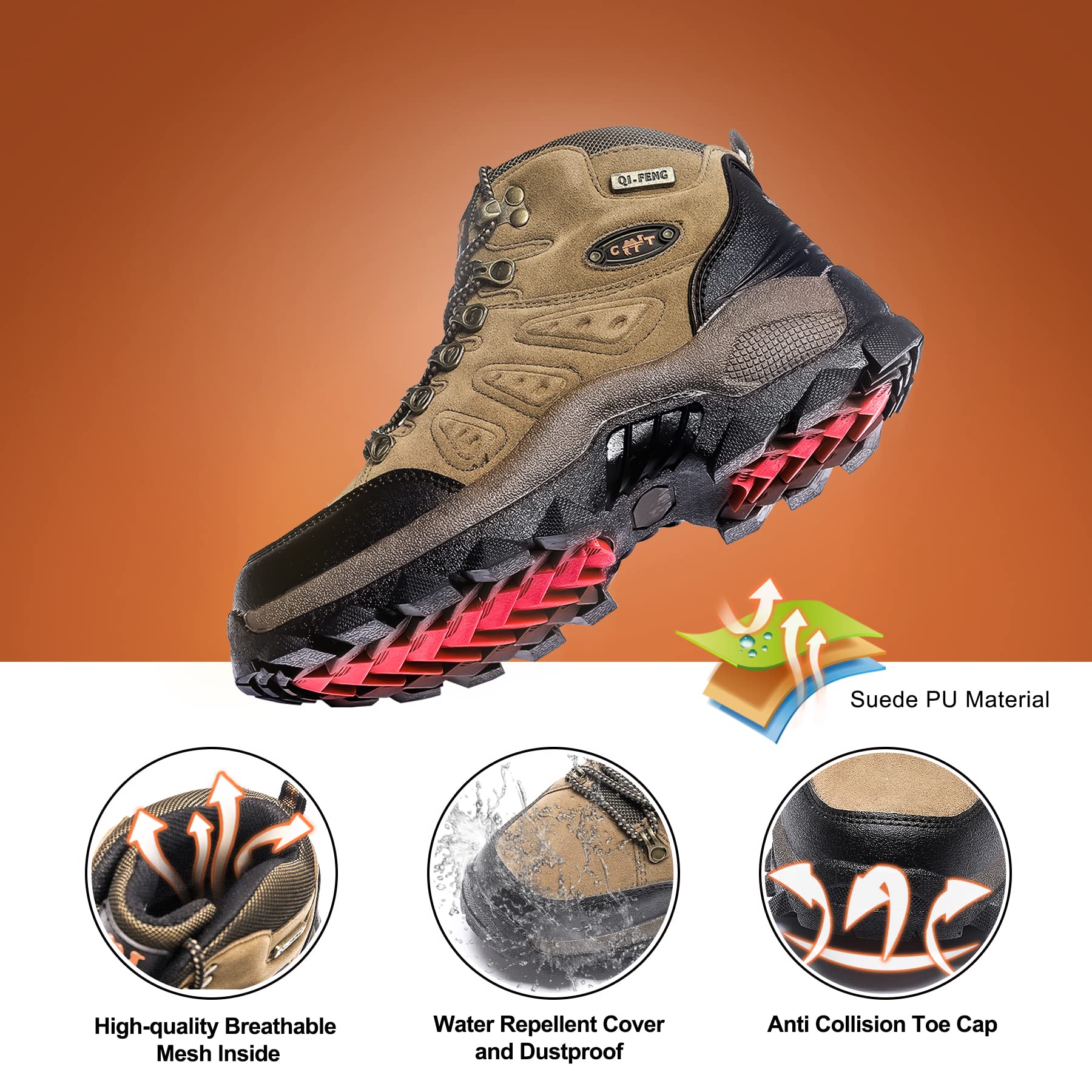 SPUKEP Women Hiking Boots Waterproof Mid Work Shoes Lace Up Walking Trekking Mountain Outdoor, Size 8