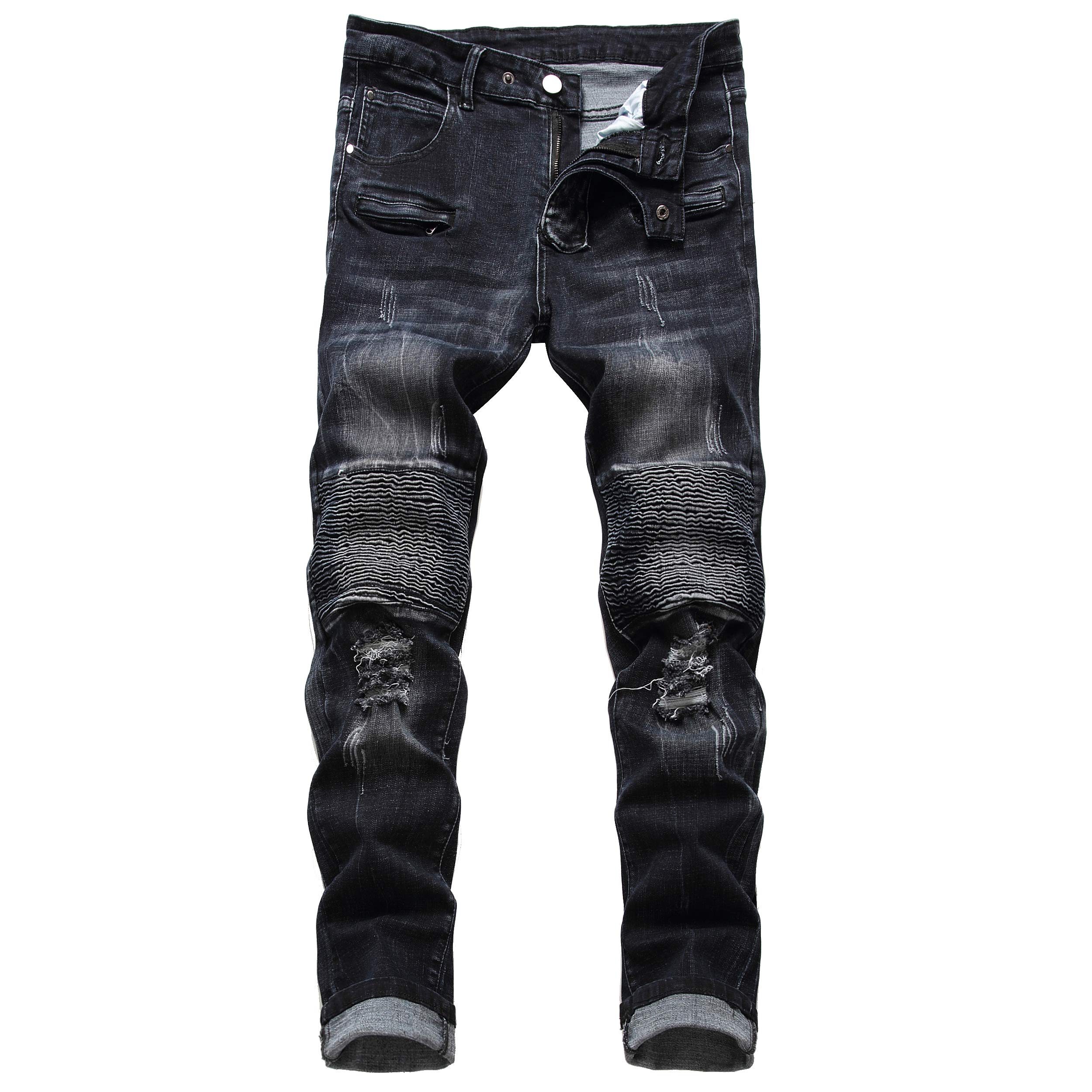 QIMYUM Men's Distressed Slim Fit Biker Jeans Stretched Moto Denim Pants (40, Black)