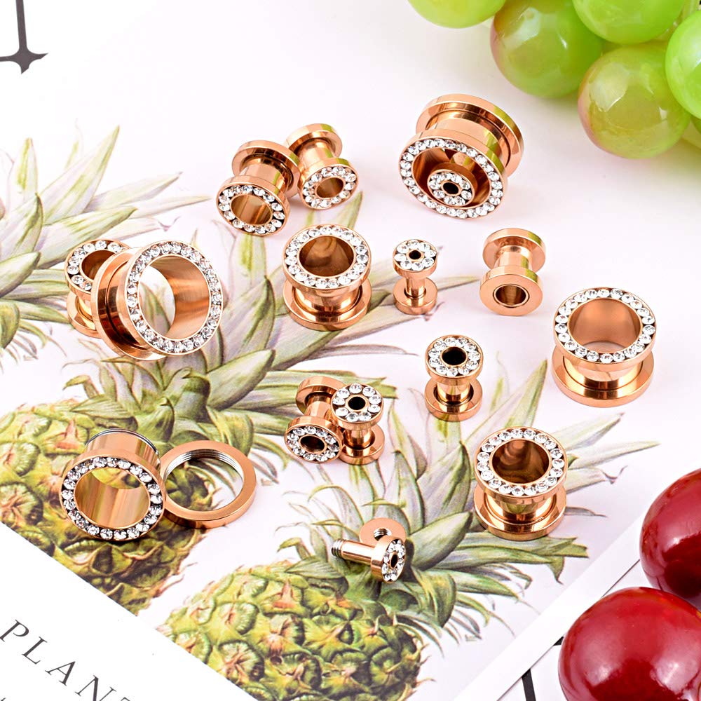 Oyaface 12 PCS Tunnels Screw Fit Plugs 8G-9/16 316L Stainless Steel Ear Gauges Expanders Set With CZ Stones Body Piercing 5mm
