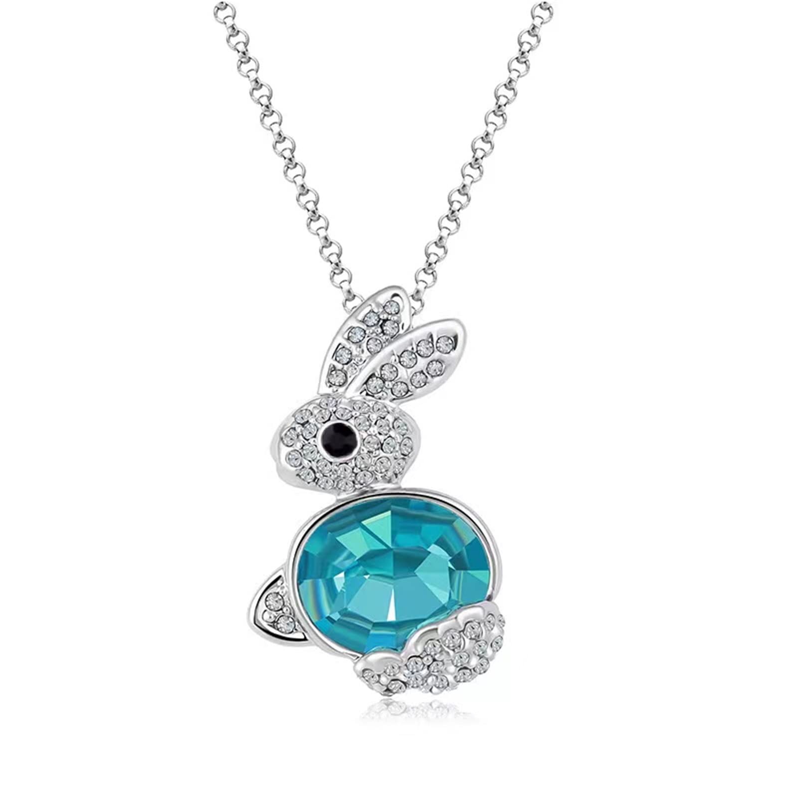 WanBigVa Easter Rabbit Necklace for Women Cute Bunny Rhinestone Pendant Necklace Easter Silver Jewelry Animal Gifts for Rabbit Lover