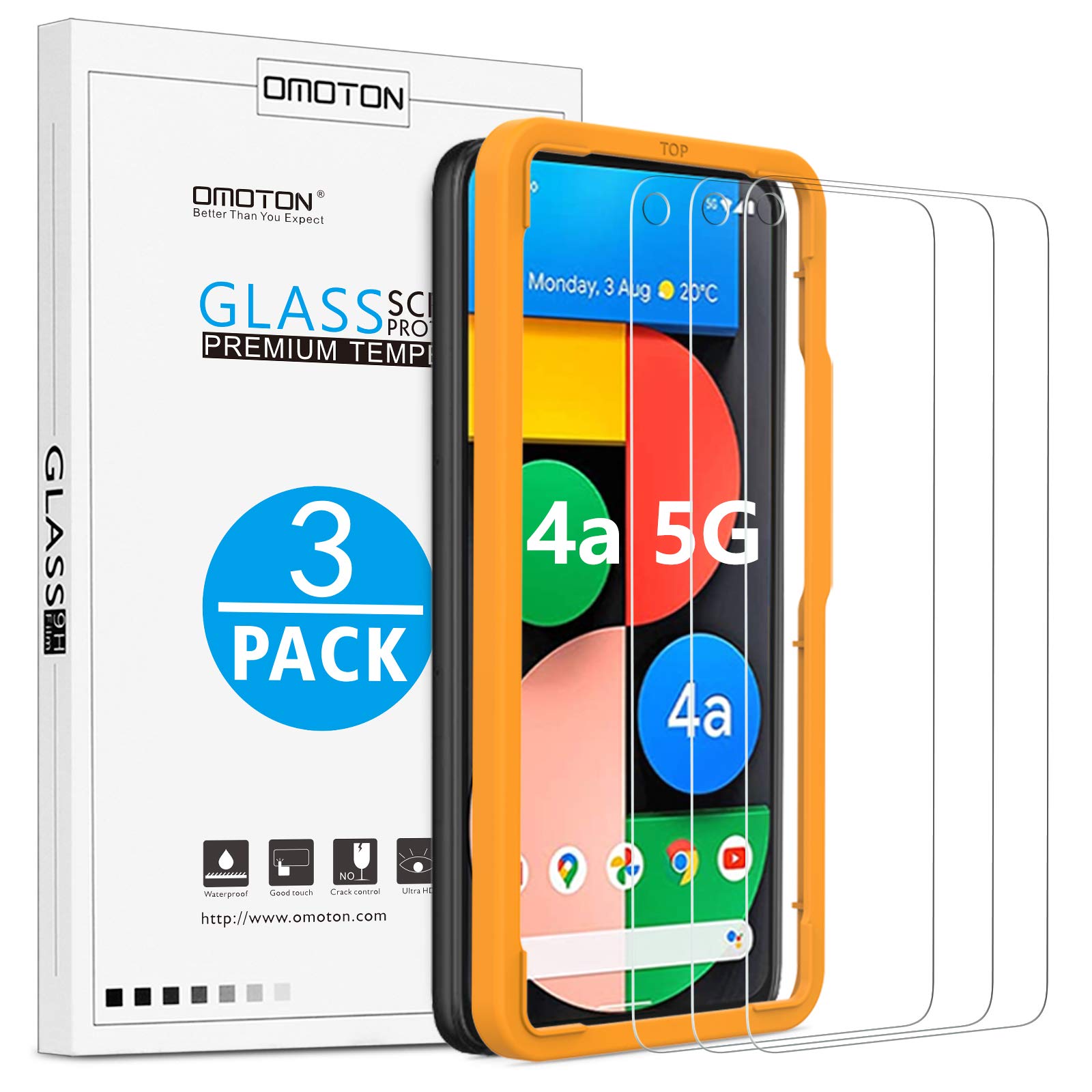 OMOTON [3-Pack Screen Protector for Google Pixel 4a 5G 6.2 Inch [Not Fit for Pixel 4a 4G], Tempered Glass Screen Protector for Google Pixel 4a 5G 2020 Released, Bubble Free/Alignment Frame