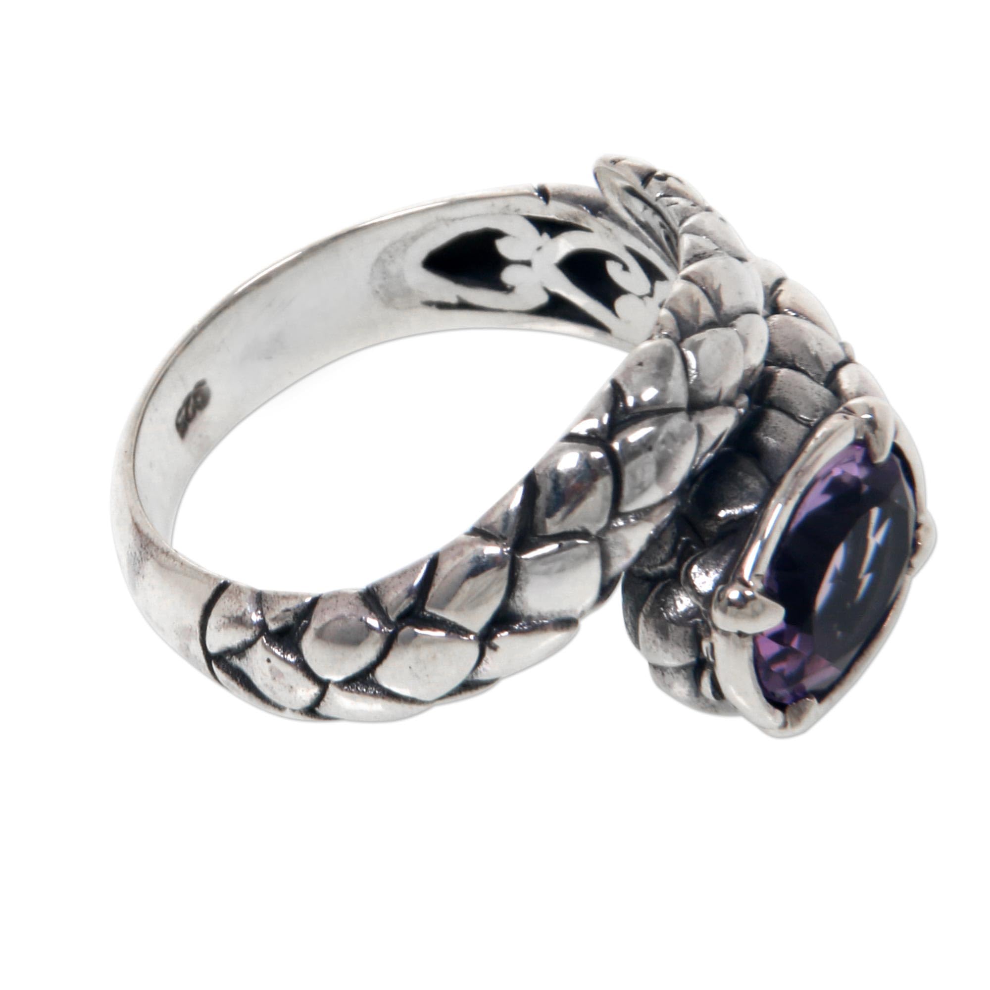 NOVICA Artisan Handmade Amethyst Ring Sterling Silver Cocktail with Snake Motif Purple Single Stone Indonesia Animal Themed Birthstone Halloween [ring Front 0.6 in L x 0.8 in W x 0.2 in D Band Width ]