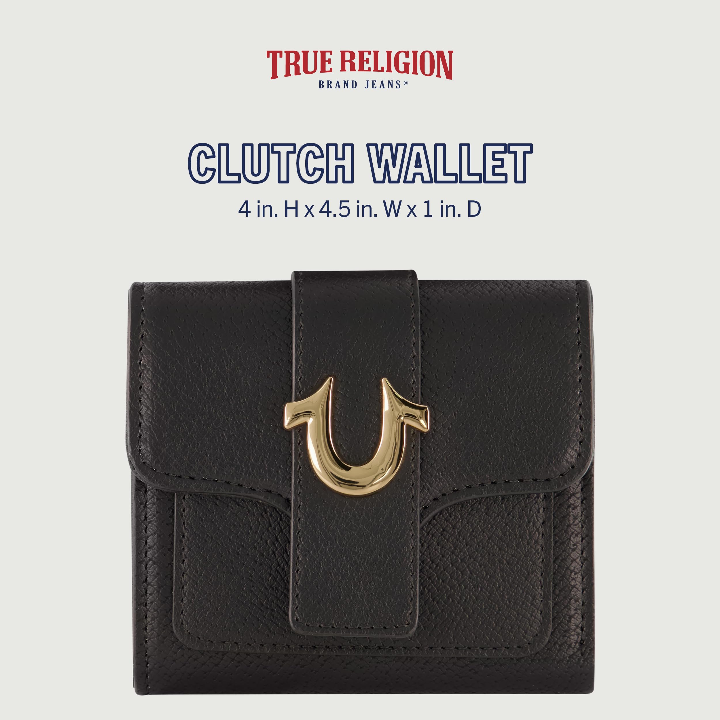 True Religion Women's Mini Wallet, Horseshoe Logo Small Compact Clutch Purse, Black