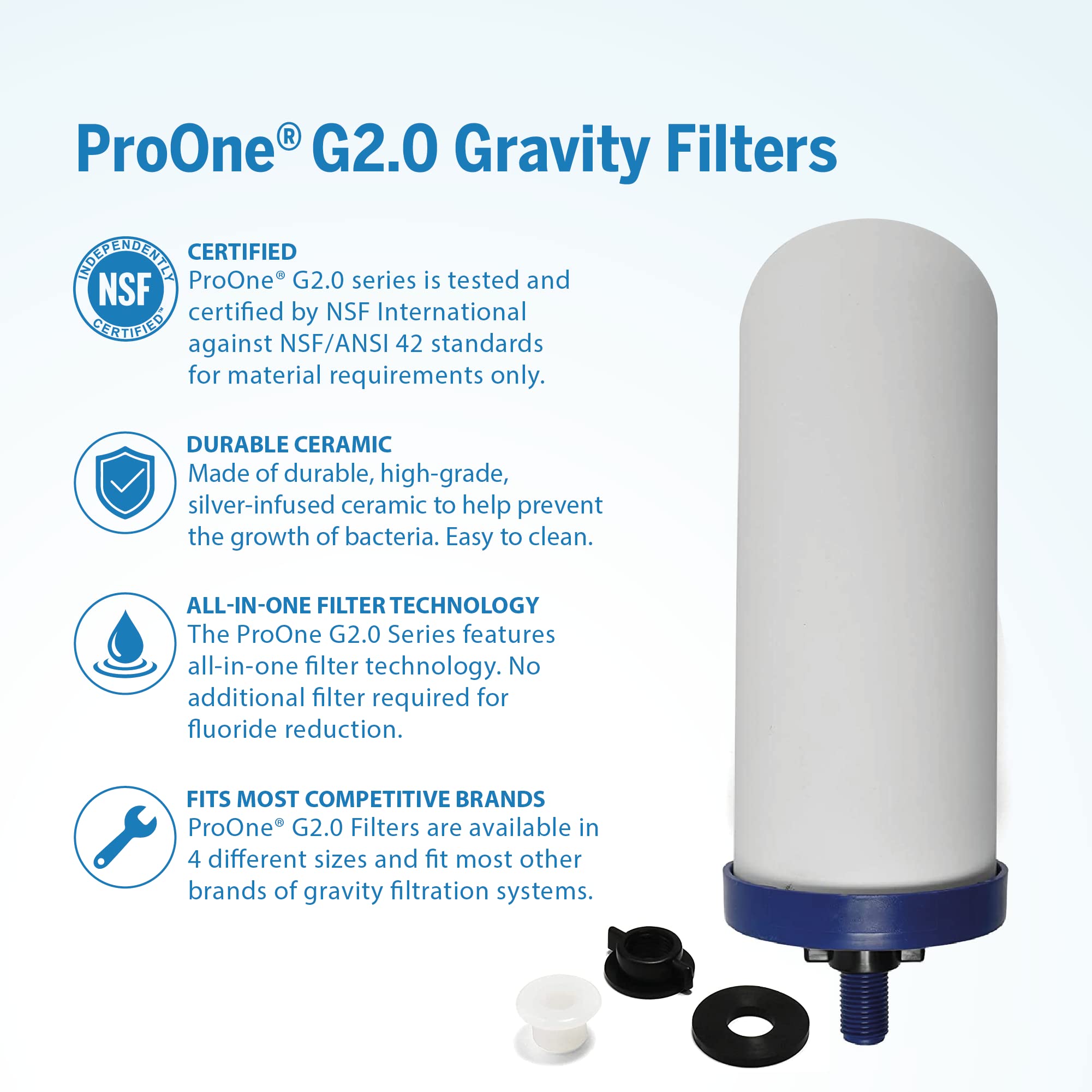 ProOne Traveler+ Stainless-Steel Gravity Water-Filter System, 2.25-Gallon Water Capacity, Countertop Water Dispenser for Home and Travel with Two 7-Inch Filter and Wire Stand