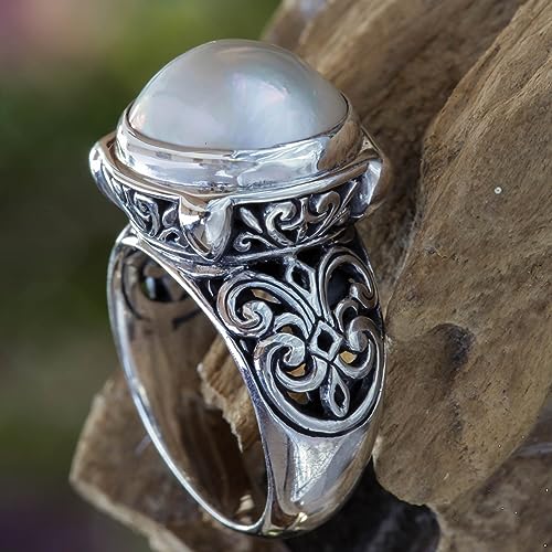 NOVICA Artisan Handmade Cultured Pearl Cocktail Ring Mabe Sterling Silver White Indonesia Birthstone Moon [crownbezel 0.6 in L x 0.6 in W x 0.5 in H Band Width 5 mm W] ' Graceful Moon'