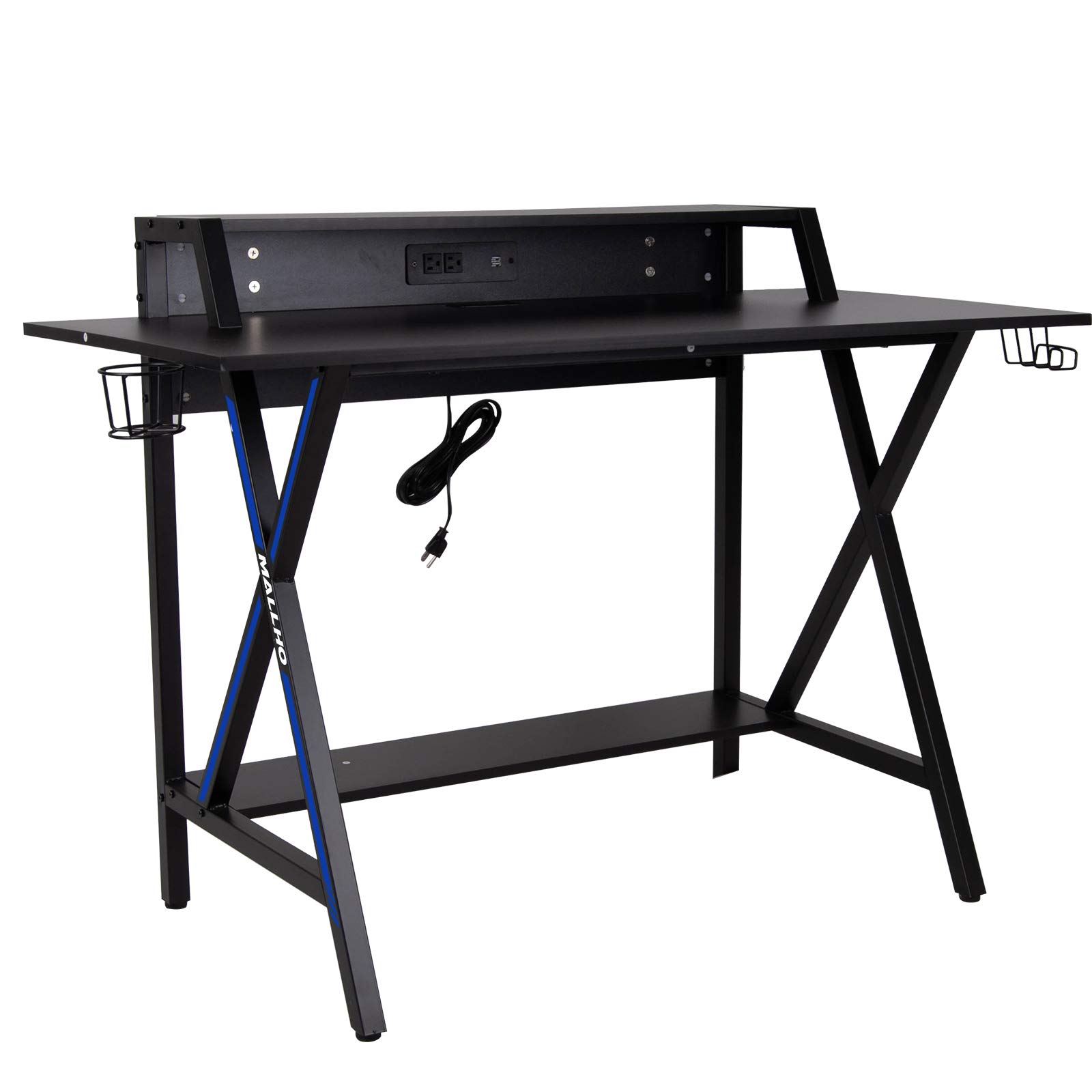 Polar Aurora X-Shaped Gaming Desk 47.5" W x 23.5" D Home Office Computer Table, Black Gamer Workstation w/a Monitor Stand, Cable Management Hole and Built-in Multi-Function Socket(Blue)