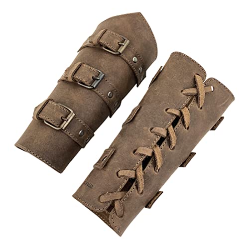Valhalla Gear, Set of 2 Archery Buckle Bracers, Hand Protector for Bow Shooting Practice, Armband, Wrist Guard, Adjustable Buckle Straps, Full Grain Leather, Handmade, Bourbon Brown