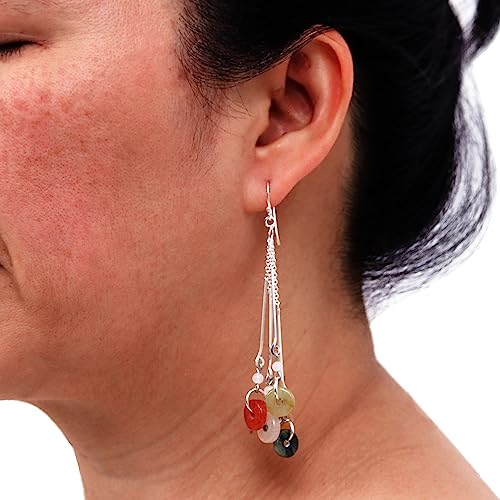 NOVICA Artisan Handmade Jade Quartz Waterfall Earrings | .925 Sterling Silver Glass Bead Dangle Earrings | Multi-color Stones Dangle Earring | Handcrafted Jewelry | Earthy Blend Themed Thailand