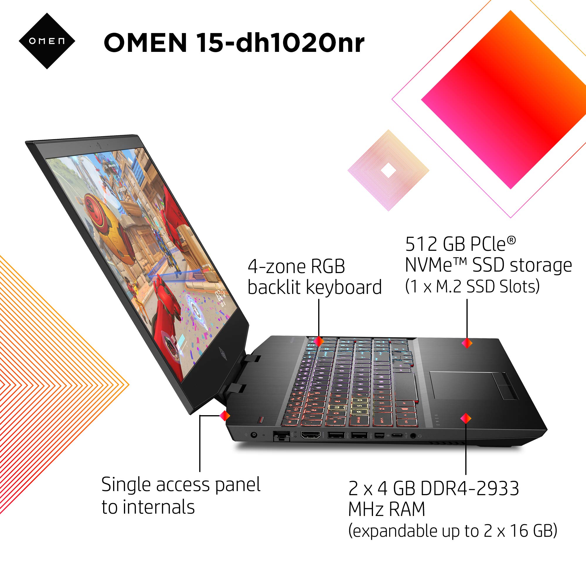 OMEN 15 Gaming Laptop, NVIDIA GeForce RTX 2070 Max-Q, Intel Core i7-10750H, 16 GB DDR4 RAM, 512 GB PCIe NVMe SSD, 15.6" Full HD 144hz, Windows 10 Home, RGB Keyboard (15-dh1060nr, 2020 Model)