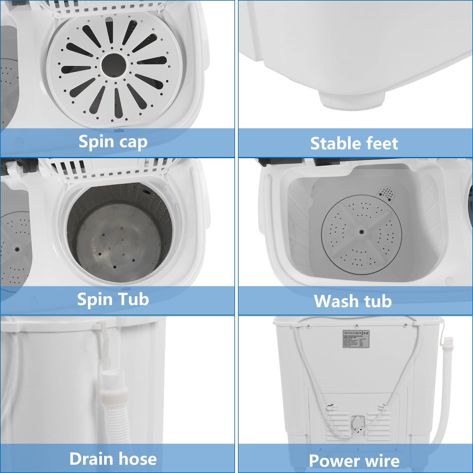 ROVSUN 15LBS Portable Washing Machine, Electric Twin Tub Washer with Washer(9lbs) & Spiner(6lbs) & Pump Draining, Great for Home RV Camping Dorm College Apartment (white & black)