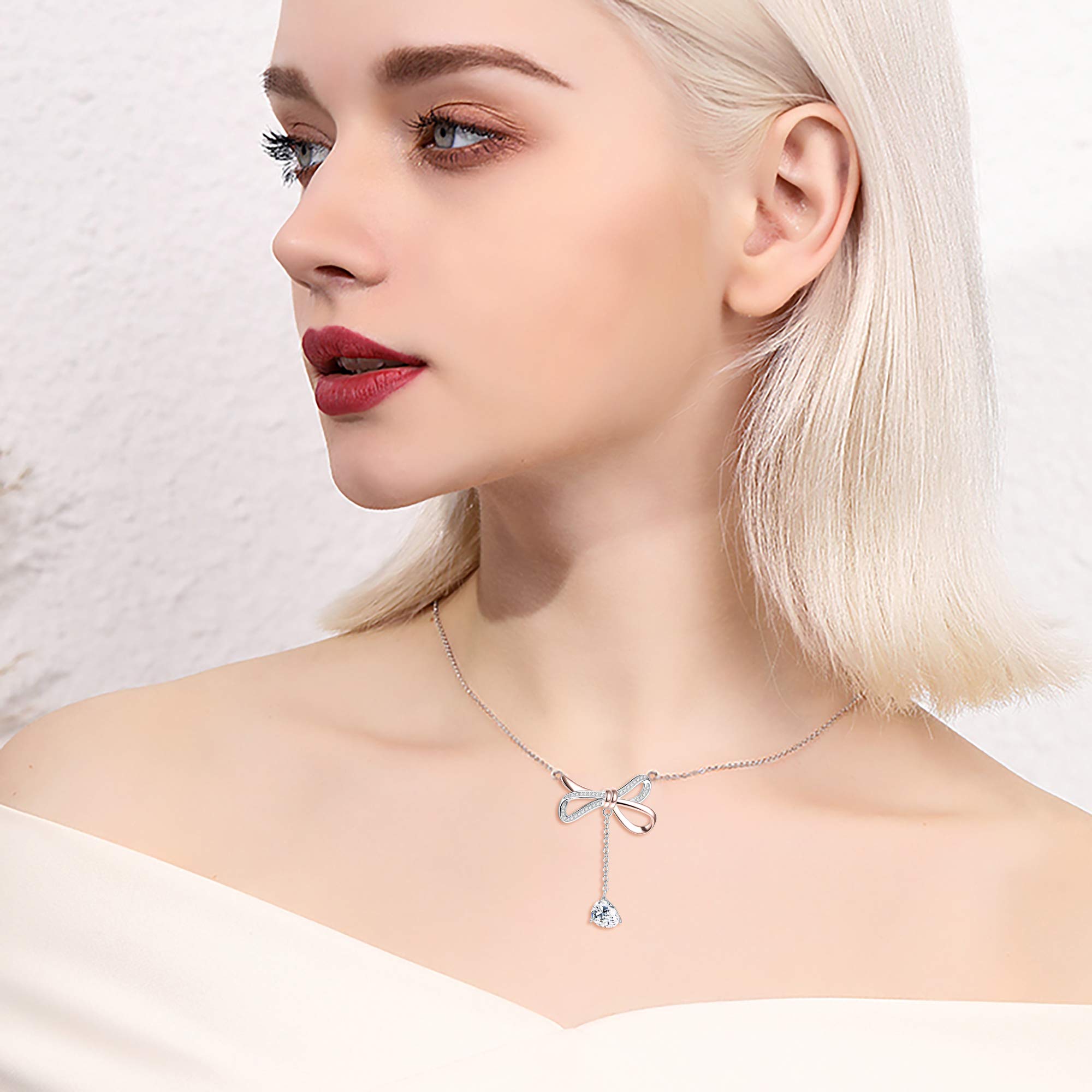 Sllaiss Sterling Silver Bow Necklace Made with Austrian Crystals Pendant Gift for Women Rose Gold 16" with 2" Extender Adjustable