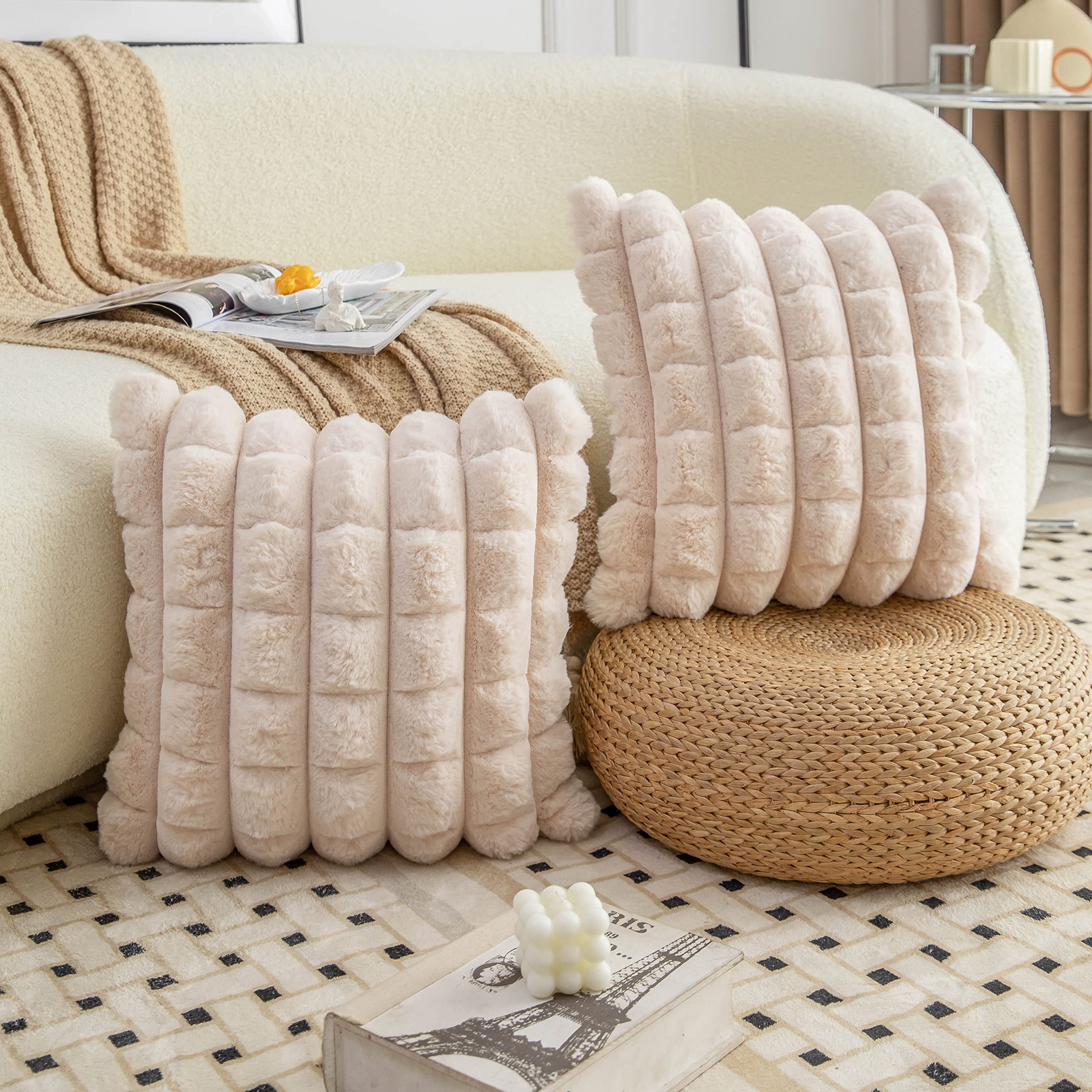 Neelvin Cream White Faux Fur Cozy Soft Plaid Decorative Throw Pillow Covers 18x18 inch Set of 2,Velvet Pillowcase Cushion Case for Sofa Couch