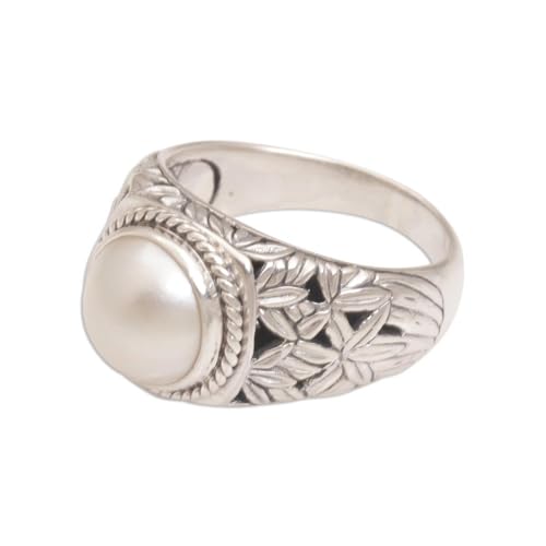 NOVICA Artisan Handmade .925 Sterling Silver Cultured Freshwater Pearl Domed Ring Single Stone White Cocktail Indonesia Leaf Tree Birthstone 'Bamboo Dreams'