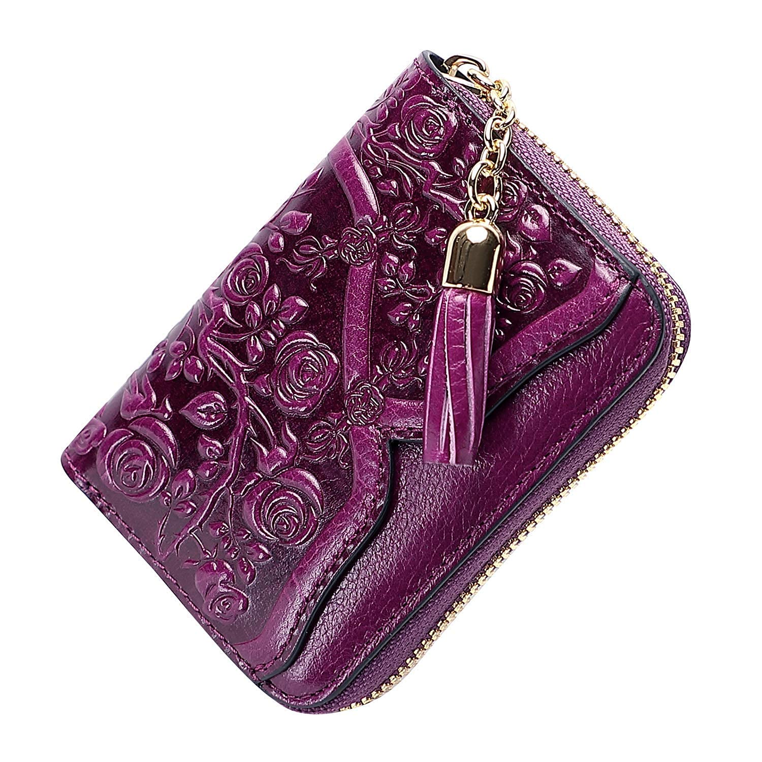 PIJUSHI Designer Genuine Leather Floral Top Handle Satchel Handbags Bundle with Floral Wristlet Wallet with Tassel