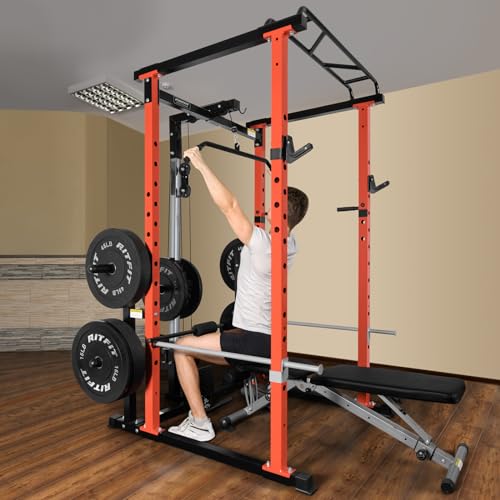RitFit Power Cage with LAT Pull Down and 360° Landmine, 1000LB Capacity Power Rack Full Home Gym for Weightlifting, Come with J-Cups,Dip Bars and Other Attachments (2023 Version PPC02)-Orange