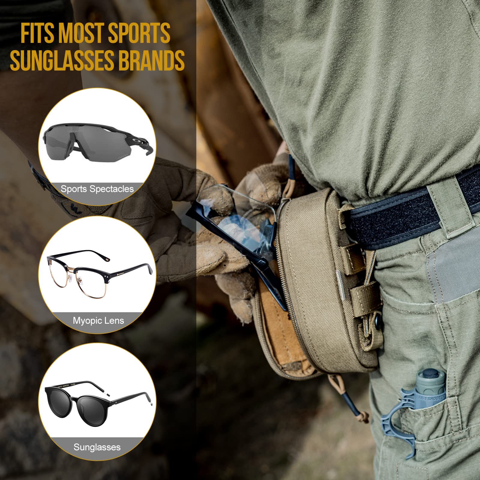 OneTigris Eyeglasses Hard Case Tactical Molle Zipper Sunglasses Carrying Case 1000D Nylon with Clip (Coyote Brown)