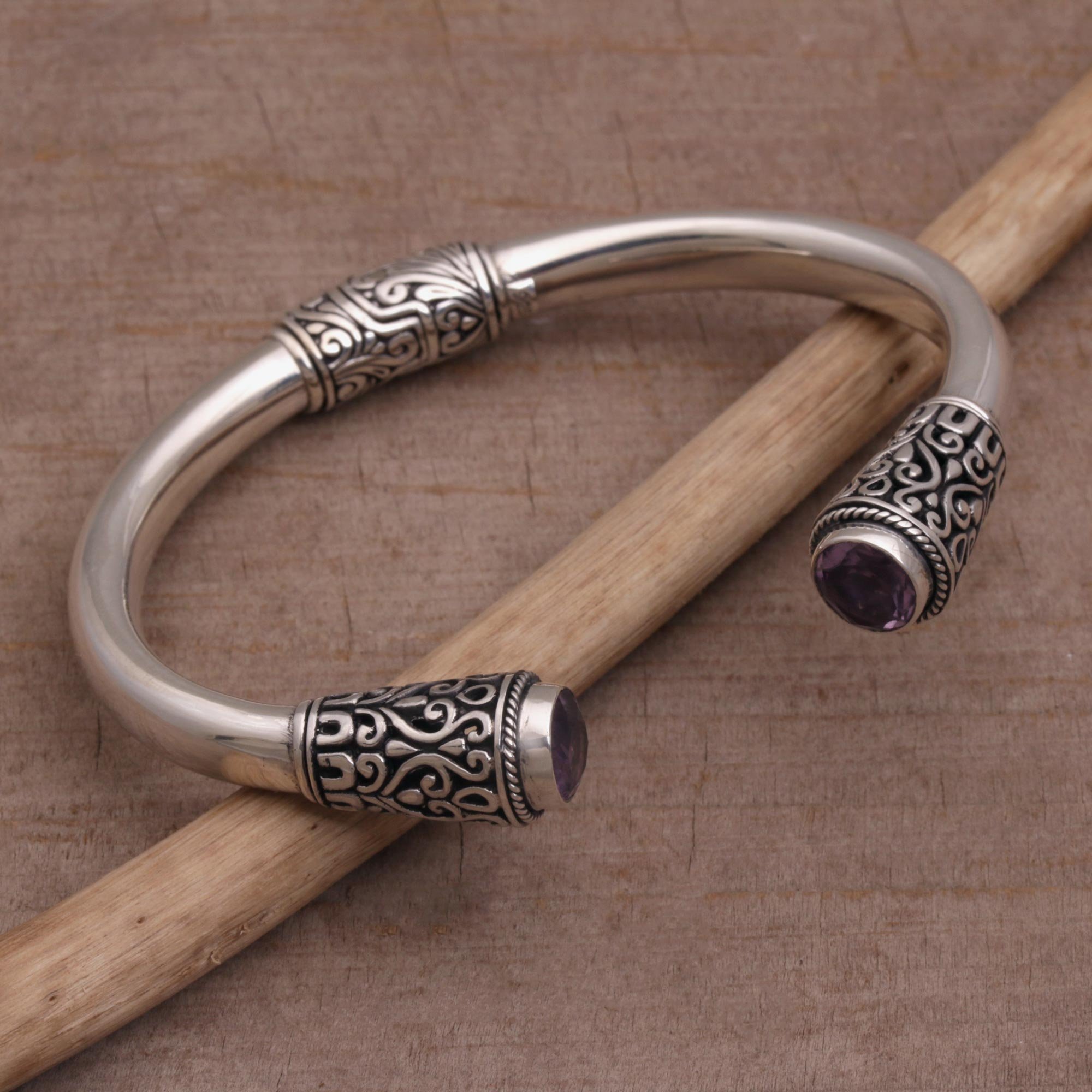 NOVICA Artisan Handmade Amethyst Cuff Bracelet Sterling Silver from Bali Purple Indonesia Birthstone [6 in L (end to End) x 0.4 in W] ' Daylight Altar'
