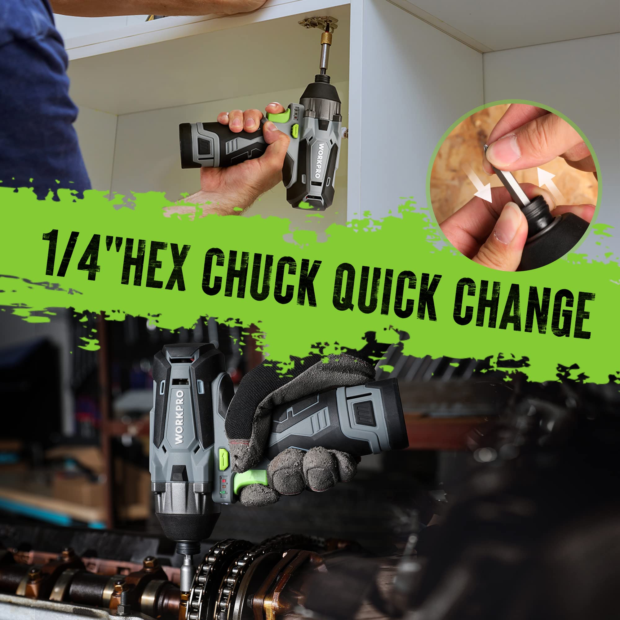 WORKPRO Cordless Impact Driver Kit, 1/4β Hex Electric Impact Drill/Driver Set with 12V 2.0Ah Lithium-ion Battery, 1 Hour Fast Charge, Variable Speed, 14pc Driver Bits and Tool Bag Included