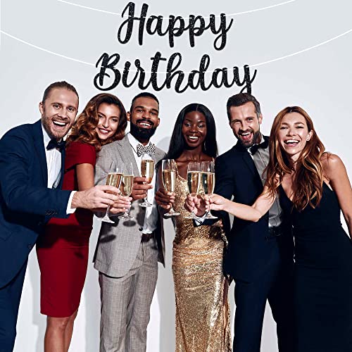 Pre-Strung Happy Birthday Banner - NO DIY - Black Happy Birthday Banner For Men & Women - Pre-Strung Script Garland on 6 ft Strands - Glitter Birthday Party Decorations & Decor. Did we mention no DIY?
