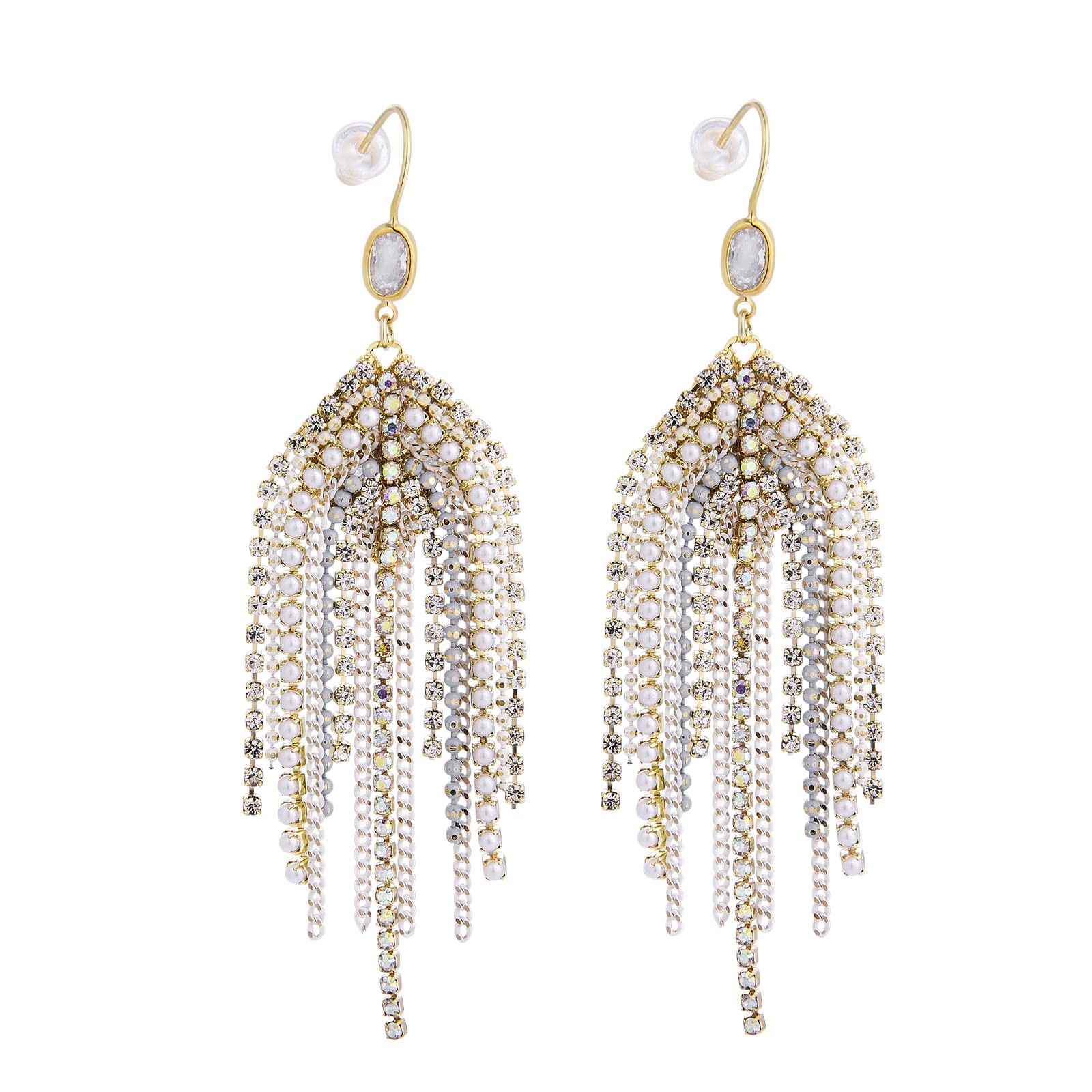 UTTMO Women's White Rhinestone Dangling Earrings, Brass, 3 inch