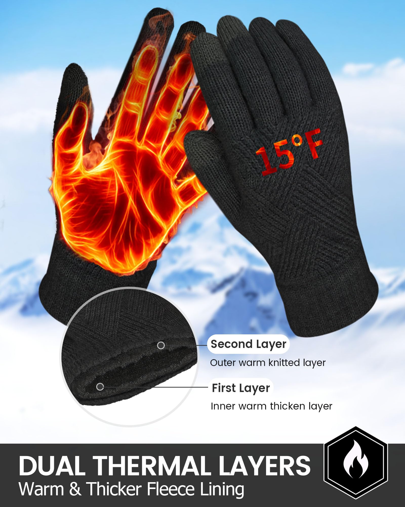 REACH STAR Winter gloves for women, 3-Finger Touch screen Dual-Layer Cashmere Elastic Thermal knit Lining, Warm Gloves for Cold weather,Running,Driving(Black)