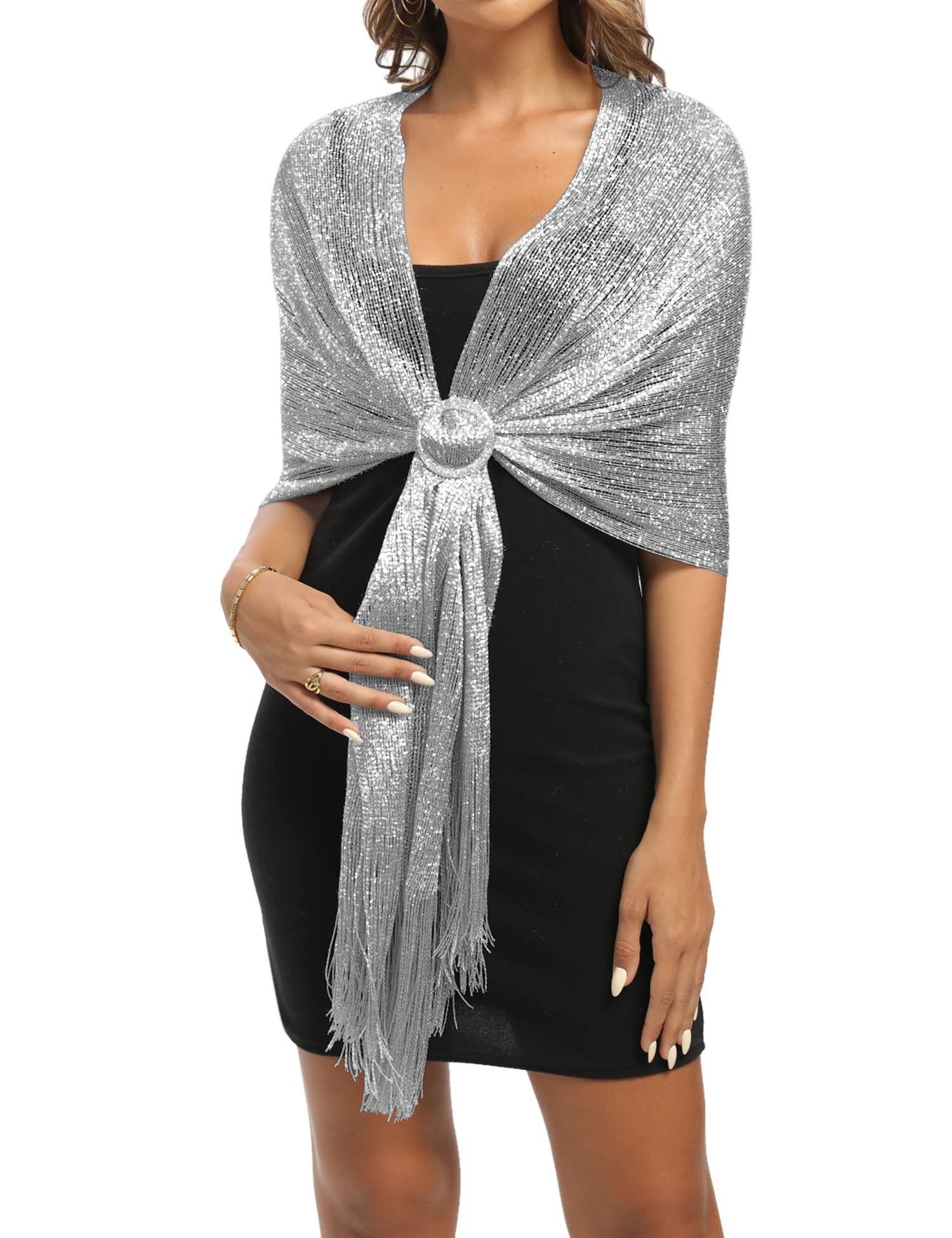 XFAK Sparkling Metallic Shawls and Wraps for Evening Wedding Party Silver