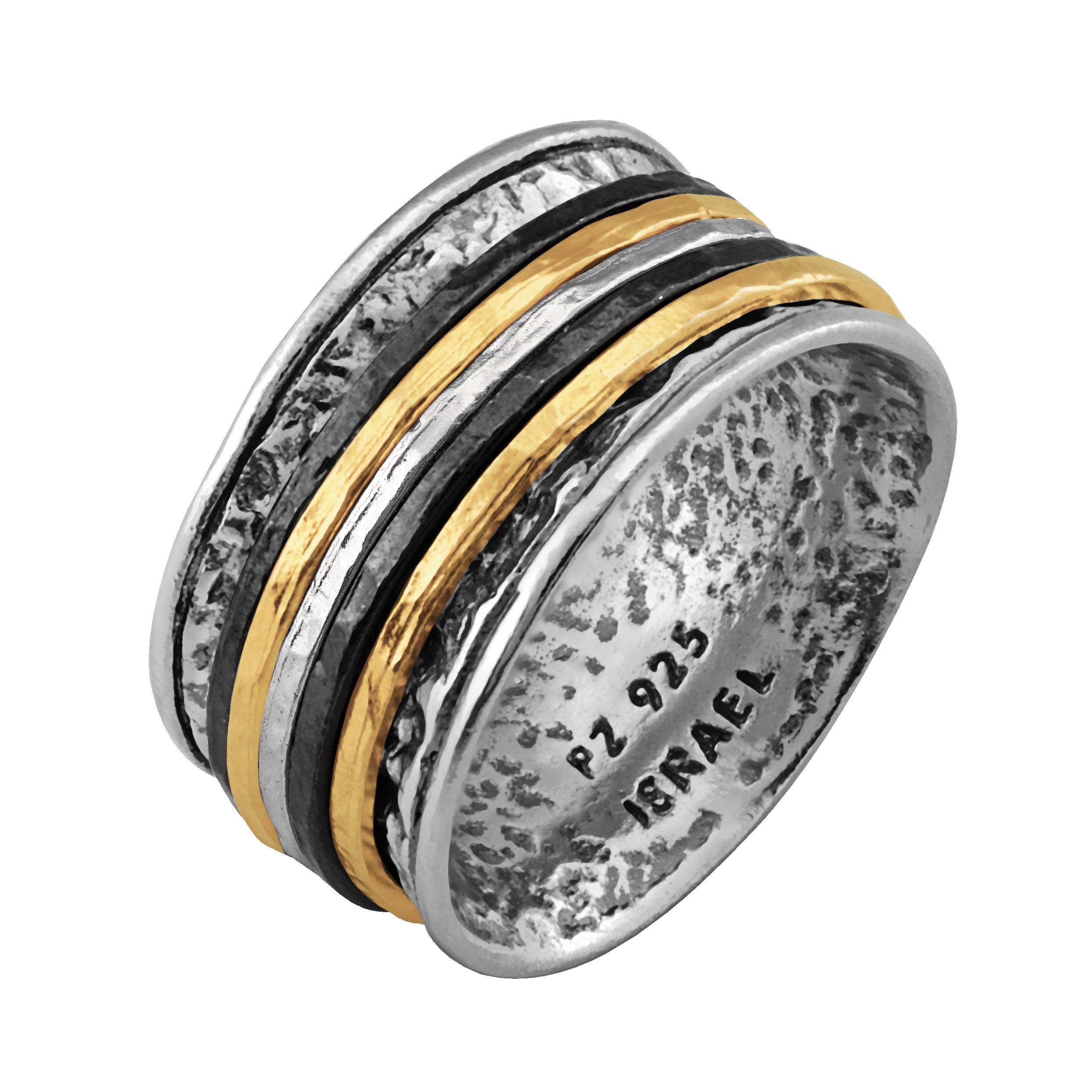 Paz Creations 925 Sterling Silver Spinner Rings for Women and Men - Hammered Pattern Thick Band Meditation Ring - Handcrafted Artisan Jewelry - Fidget Rings - Gift-Ready - 14K Yellow Gold Size 10