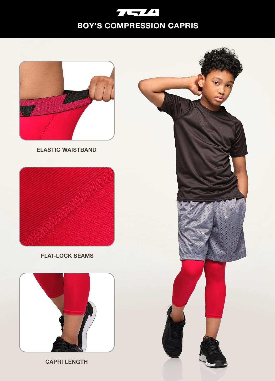 TSLA Boys Youth UPF 50+ Compression Pants Baselayer, Cool Dry Running Tights, 4-Way Stretch Workout Leggings, Capri 2Pack Navy/Red, 8