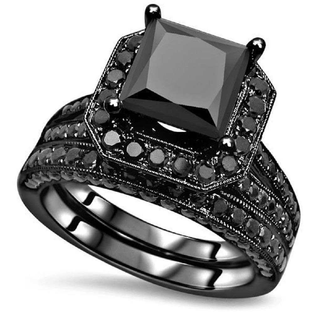 Ritika Created Princess Cut Black Diamond 925 Sterling Silver In 14K Black Gold Over Fashionable Bridal Set Wedding Engagement Ring for Women