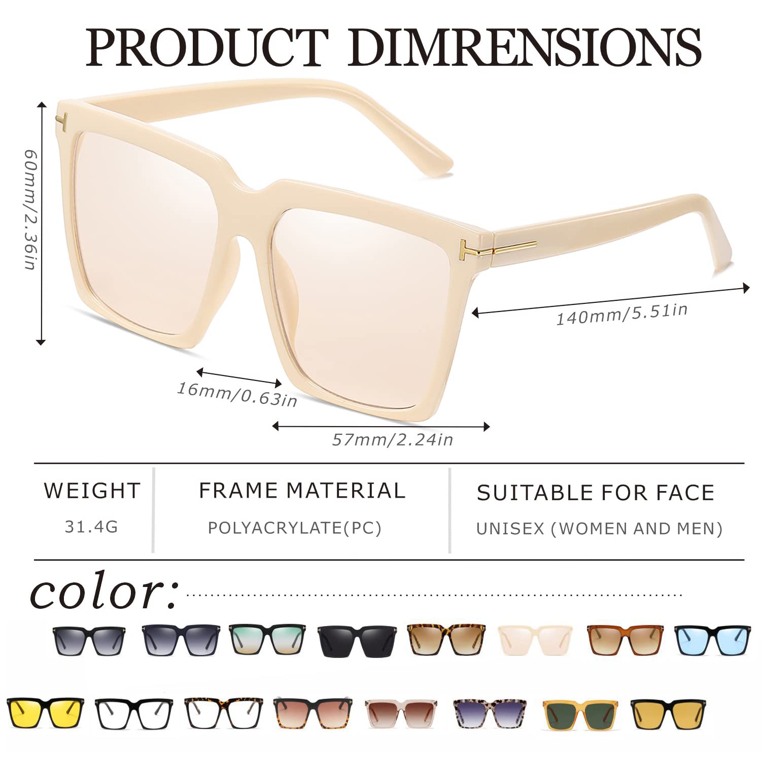 Oversized Square Sunglasses Retro Big Shades Fashion Classic Shades Women Men UV400 Protection