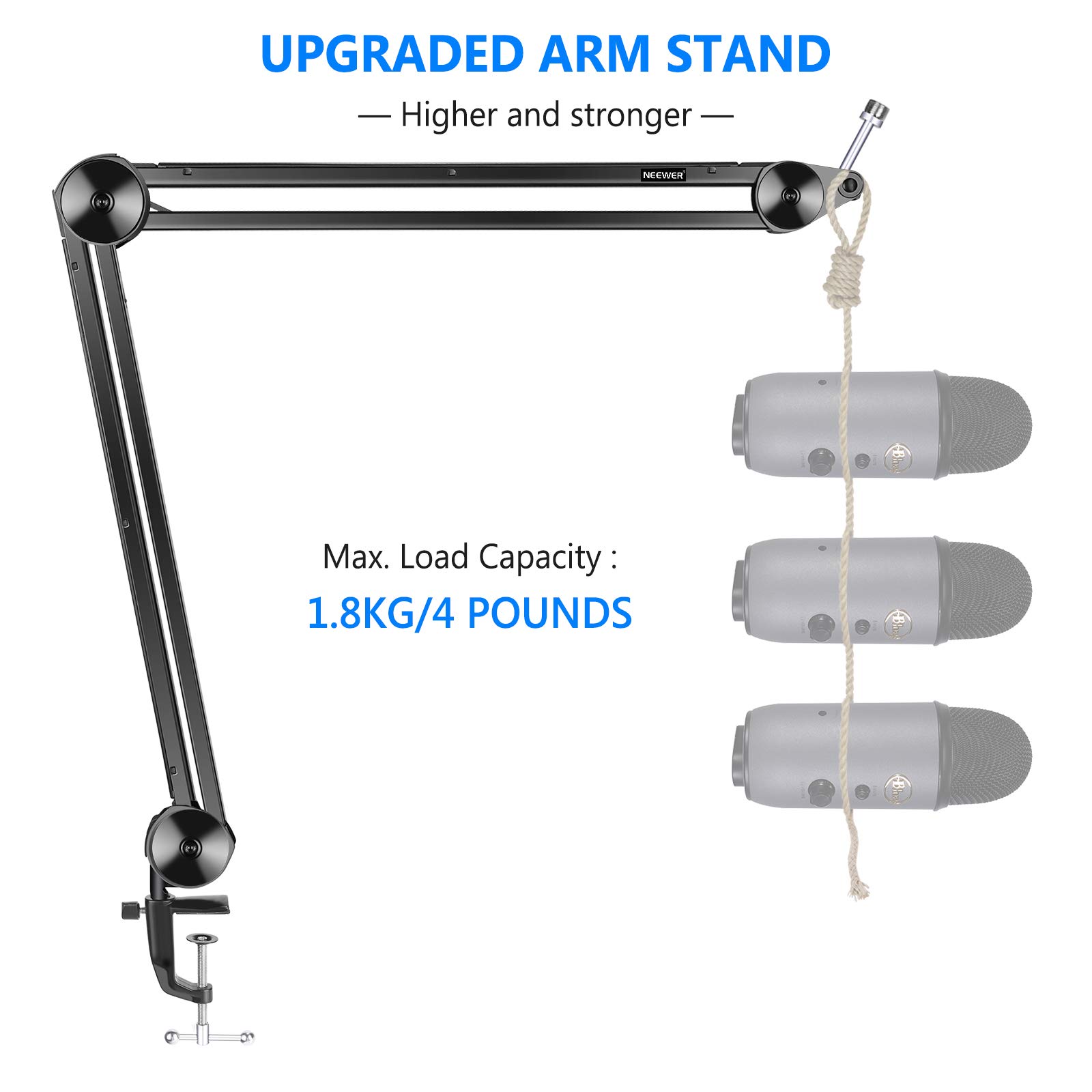 Neewer Upgraded Large Sturdier Microphone Stand Compatible with Blue Yeti Snowball Blue Yeti Nano, Adjustable Suspension Boom Scissor Arm with Built-in Spring, Max. Load 1.8kg for Voice Recording