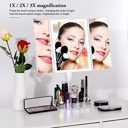 ProYankiot Makeup Mirror Vanity Mirror with Lights,Trifold Lighted Vanity Mirror with 38 LED Lights and Storage 3X/2X/1X Magnification, Touch Screen Switch, 90 Degree Rotation,White