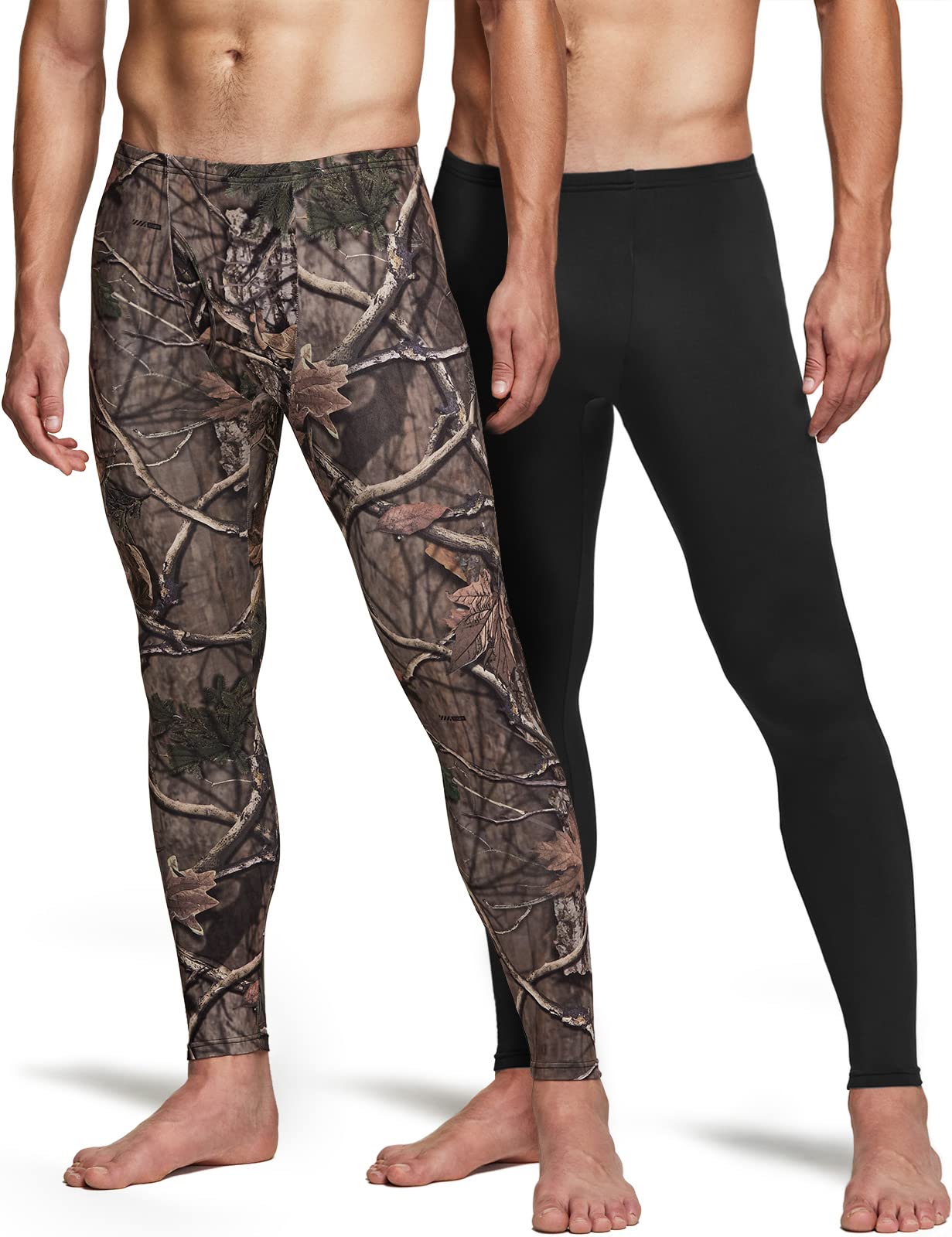 TSLA Men's Thermal Underwear Pants, Heated Warm Fleece Lined Long Johns Leggings, Winter Base Layer Bottoms, Thermal Fly-Front 2p Black/Hunting Camo, Medium