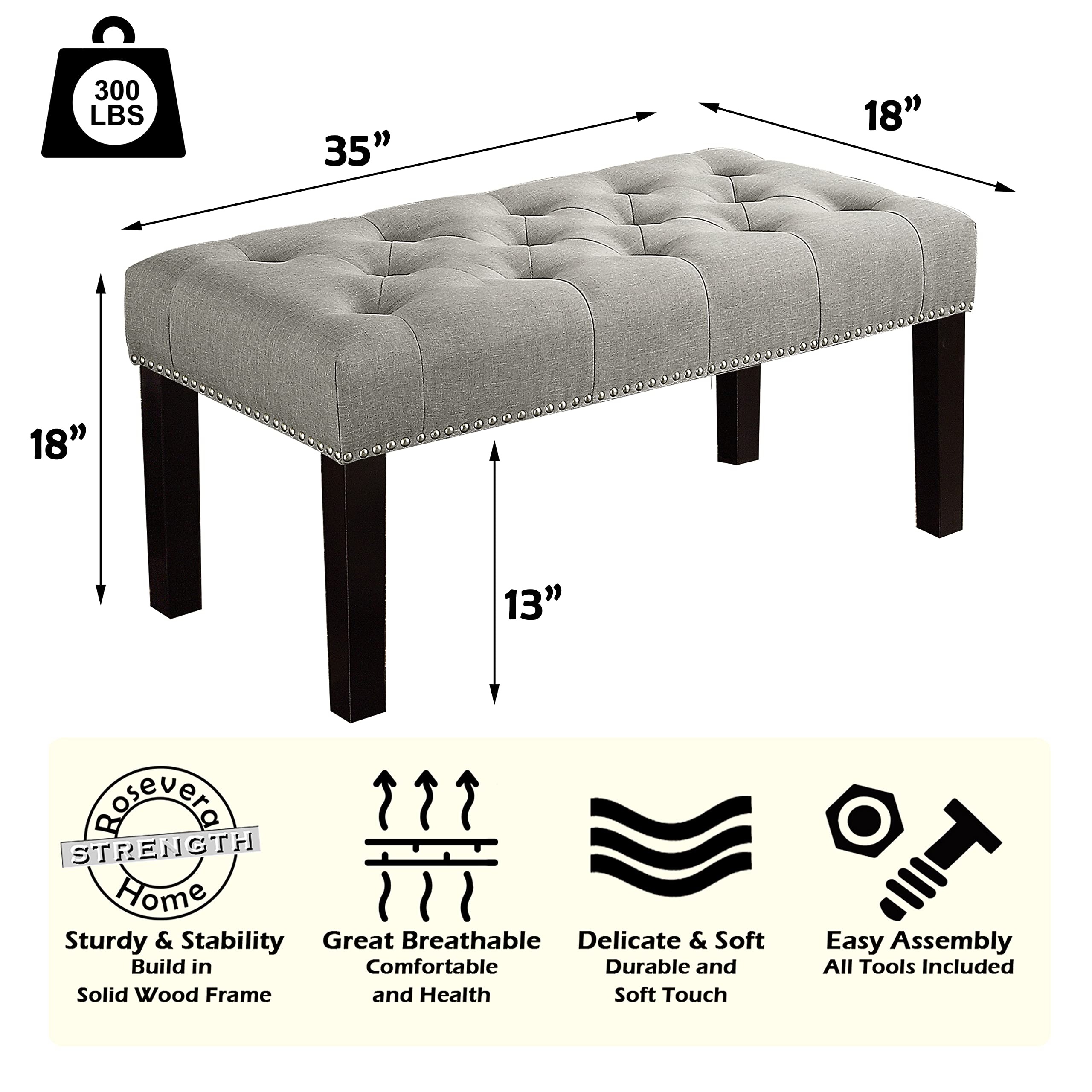 Rosevera Almaraz Linen Upholstered Bench with Silver Nailhead and Button Tufting for Bedroom and Living Room, Small, Gray