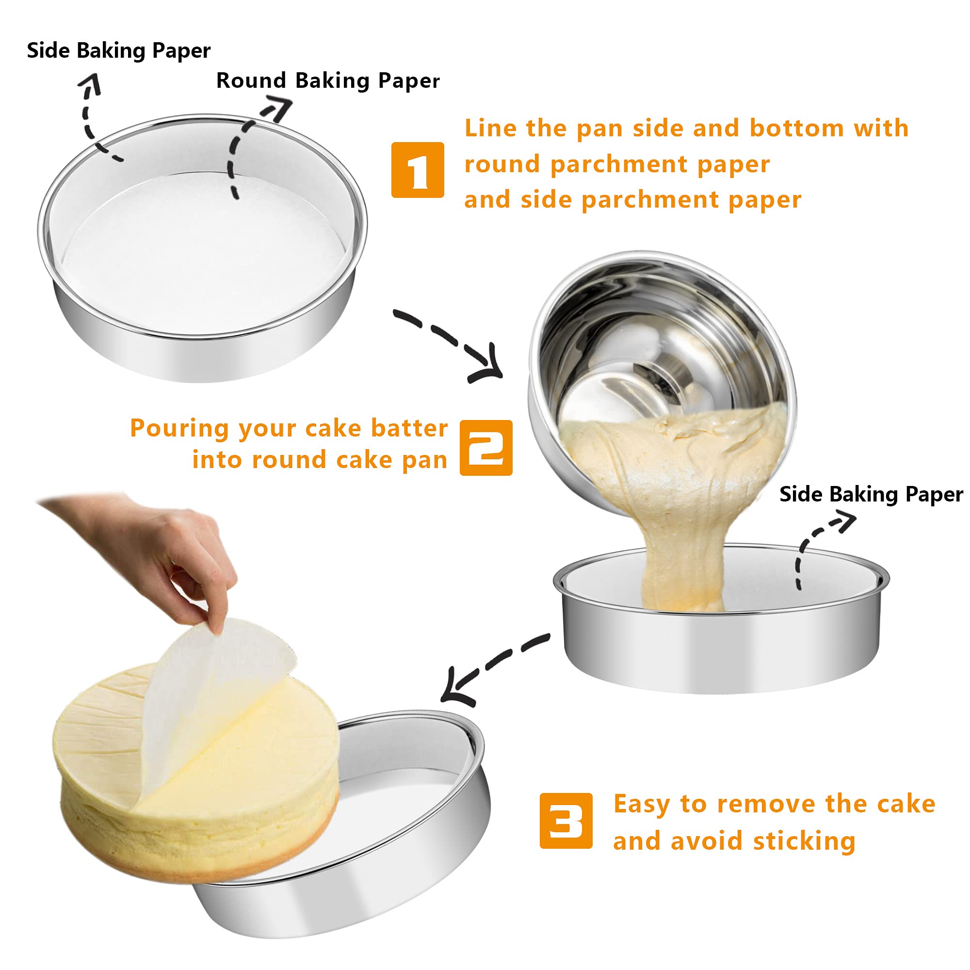 TeamFar 8 Inch Cake Pan Set of 3, Round Cake Pan Stainless Steel Round Baking Pan with 90 Pcs Round Parchment Papers & Parchment Paper Side Liner Roll(1.85 Inch ร 111.5Ft), Healthy & Dishwasher Safe
