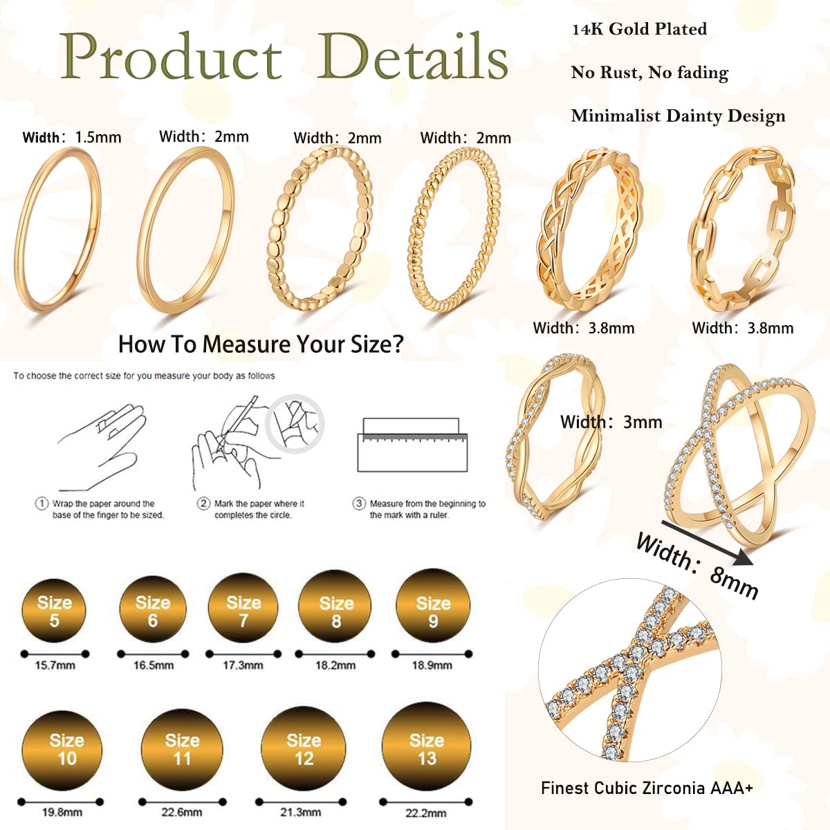 TOBENY 8PCS 14K Plated Gold Rings for Women Stackable Knuckle Rings Gold Silver Size 4 to Size 11 Rings 1.5mm- 3.8mm Midi Stacking Eternity Wedding Rings