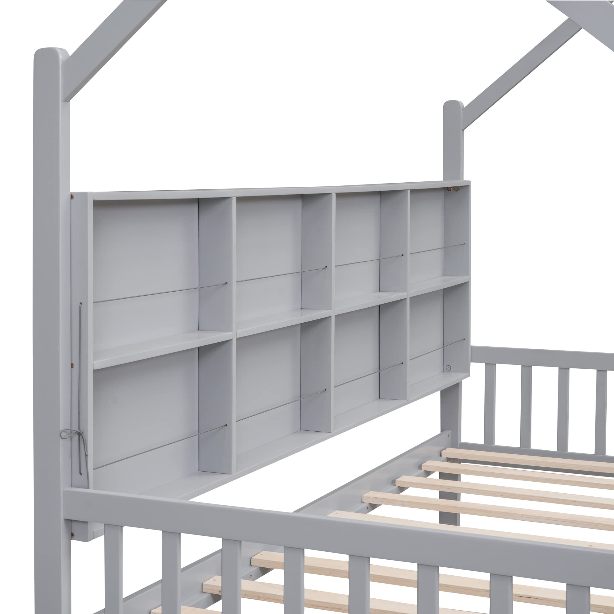 Pink House Beds with Trundle and Storage Shelves for Kids Montessori Bed Wood Playhouse Tent Bed Frame for Girls Boys, Twin Size