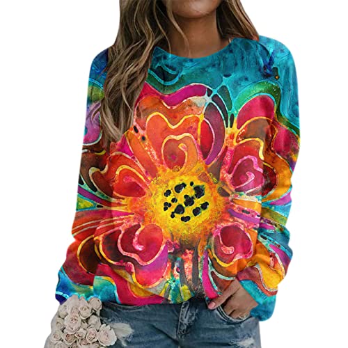 Warm Accessories for Winter Womens Casual Long Sleeve Crewneck Sweatshirt Floral Printed Pullover Tee Shirts Lightweight Casual Loose T-Shirts(C- Orange,Small)
