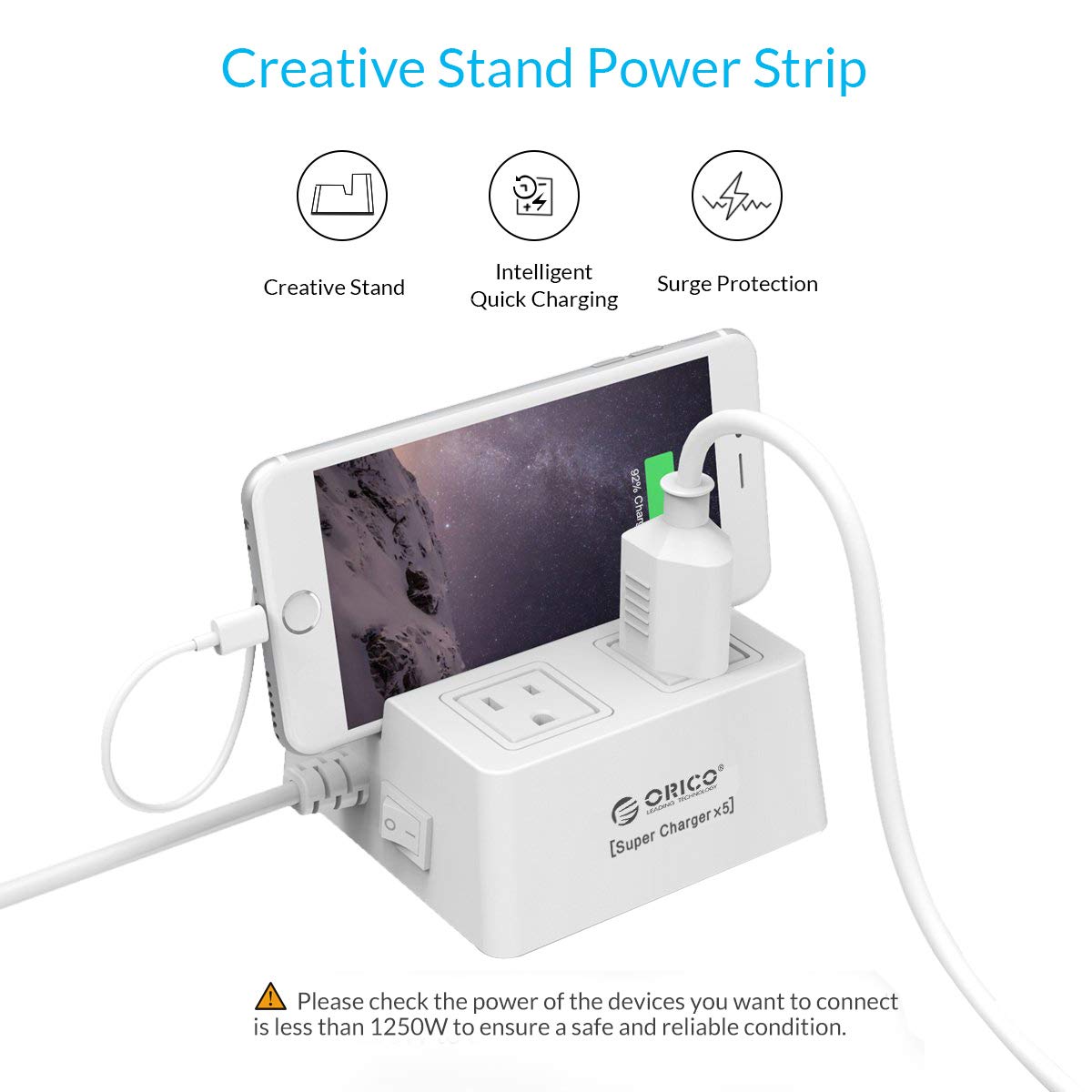 ORICO Desktop Power Strip, 2 Outlet 5 USB Charging Station, 5FT Extension Cord for Office,Dorm Room and Nightstand