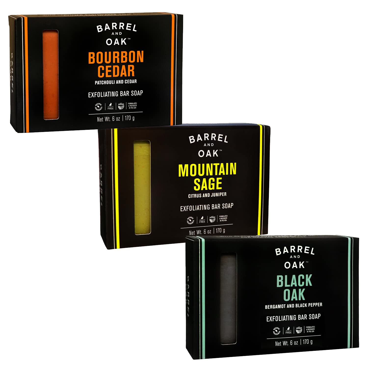 Olivina Men - Exfoliating Bar Soap, Variety Pack of Mountain Sage, Black Oak, Bourbon Cedar Bar Soap (6 oz Per Bar, 3-Pack)