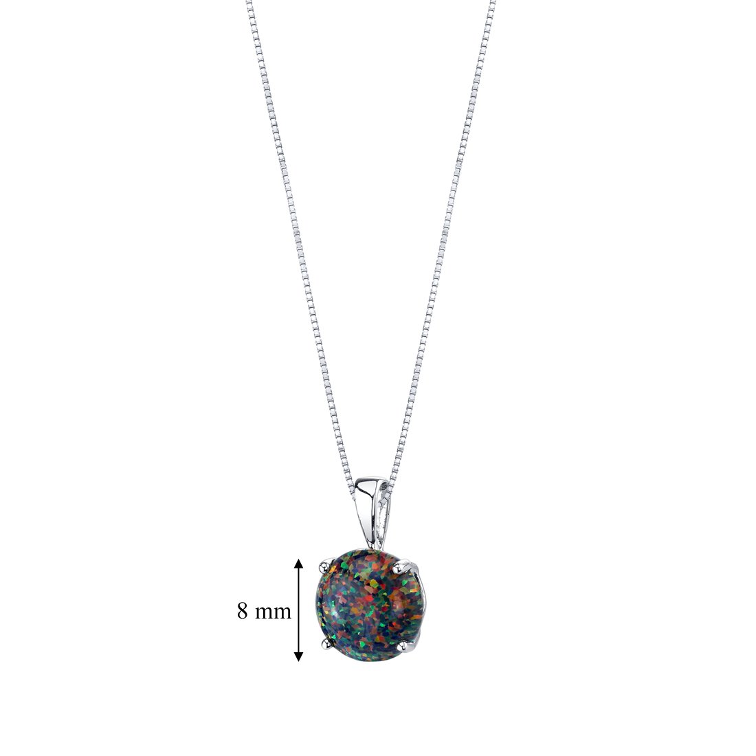 PEORA 14K White Gold Created Black Fire Opal Pendant for Women, Classic Solitaire, 1 Carat Round Shape 8mm, AAA Grade