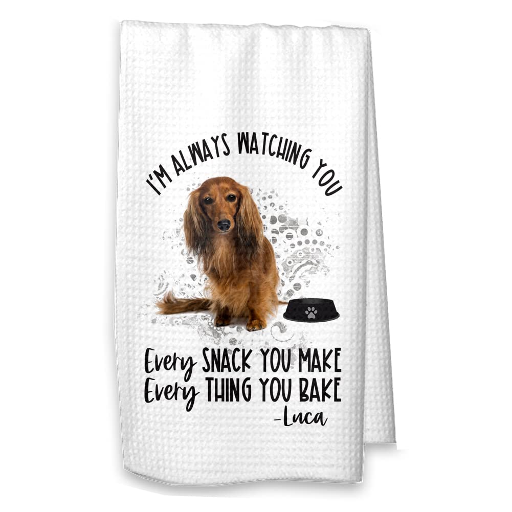 The Creating Studio Personalized Dachshund Kitchen Towel, Dachshund Gift, Housewarming Gift Hostess Gift Always Watching You (Long Hair with Name)