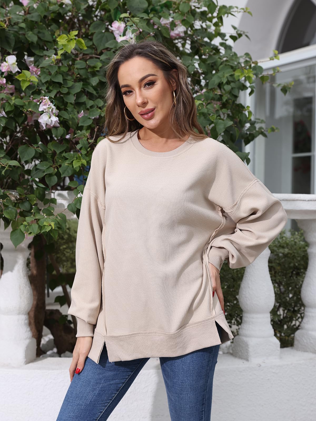 VNIRA Women’s Crewneck Sweatshirt Long Sleeve Oversized Vintage Casual Tunic Sweatshirts Tops Apricot XXL