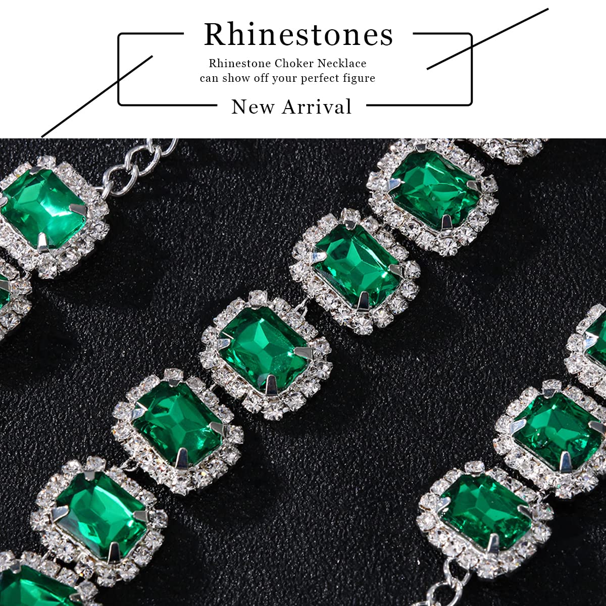 STONEFANS Emerald Green Rhinestone Choker Necklace For Women Sparking Square Rhinestone Choker Collar Statement Silver Neck Jewelry (Green)