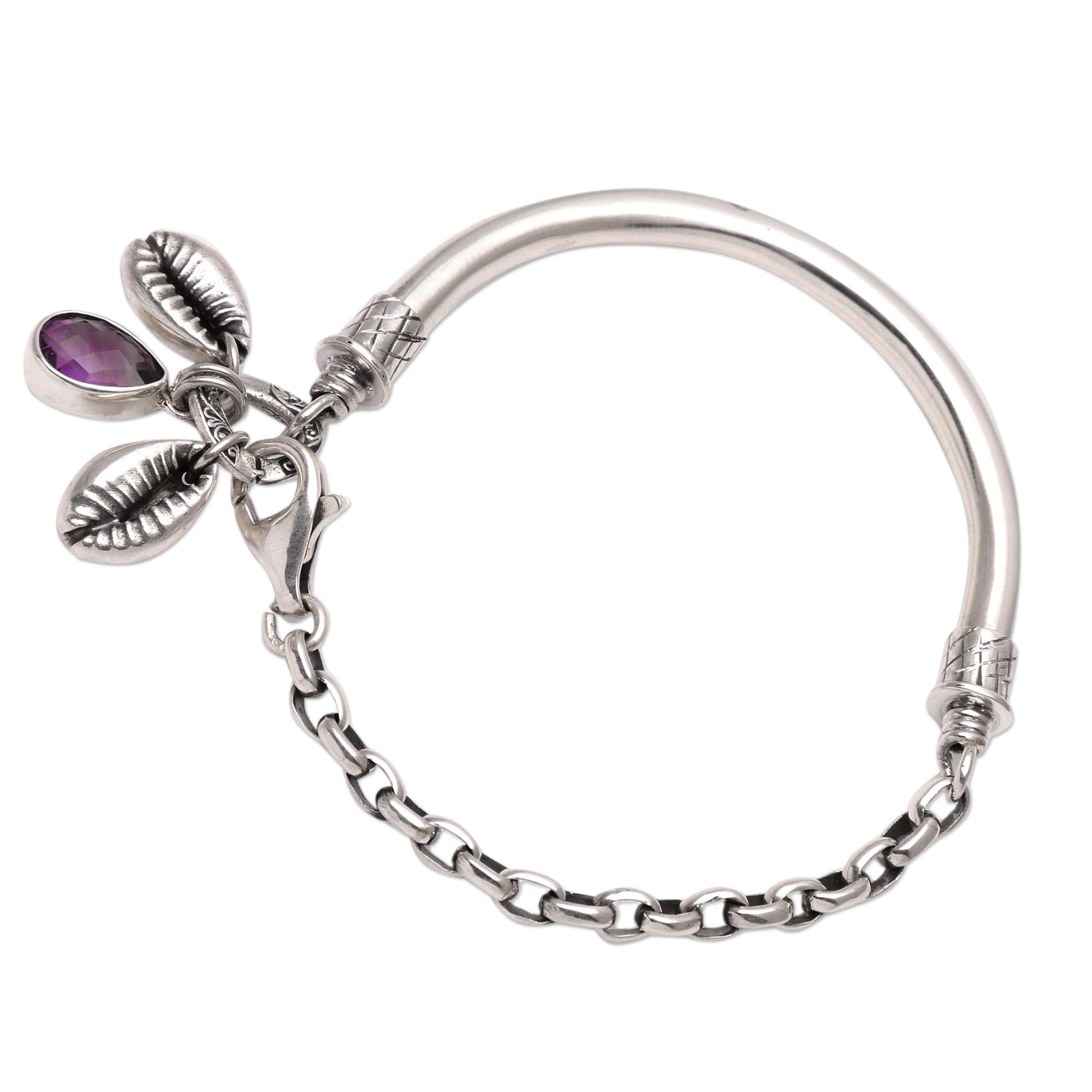 NOVICA Handmade .925 Sterling Silver Amethyst Bracelet Faceted from Java Charm Chain Bangle Indonesia Birthstone Gemstone [7.5 in Inner Circ. x 0.2 in W] 'Glistening Shells'