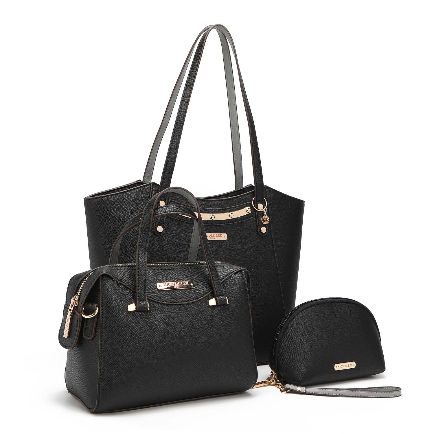 Nicole Lee Mia 3 Piece Set (Shopper, Mini Satchel, Pouch) (BLACK)